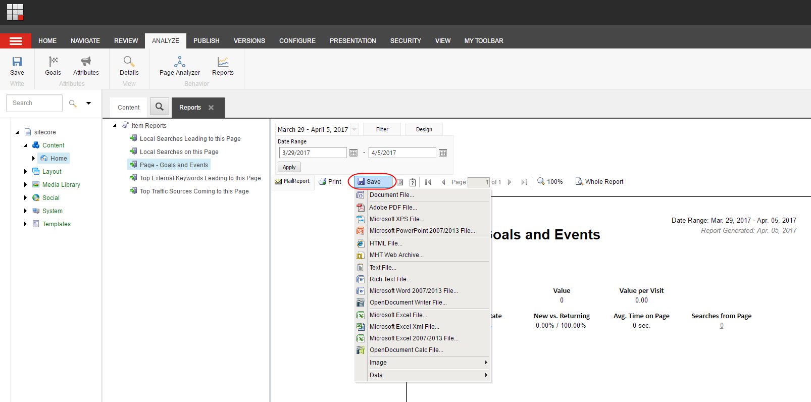 Save and print an analytics report | Sitecore Documentation