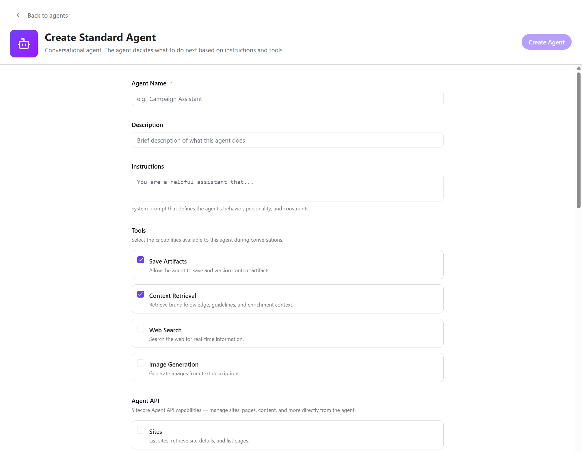 Create a standard agent | Sitecore Documentation