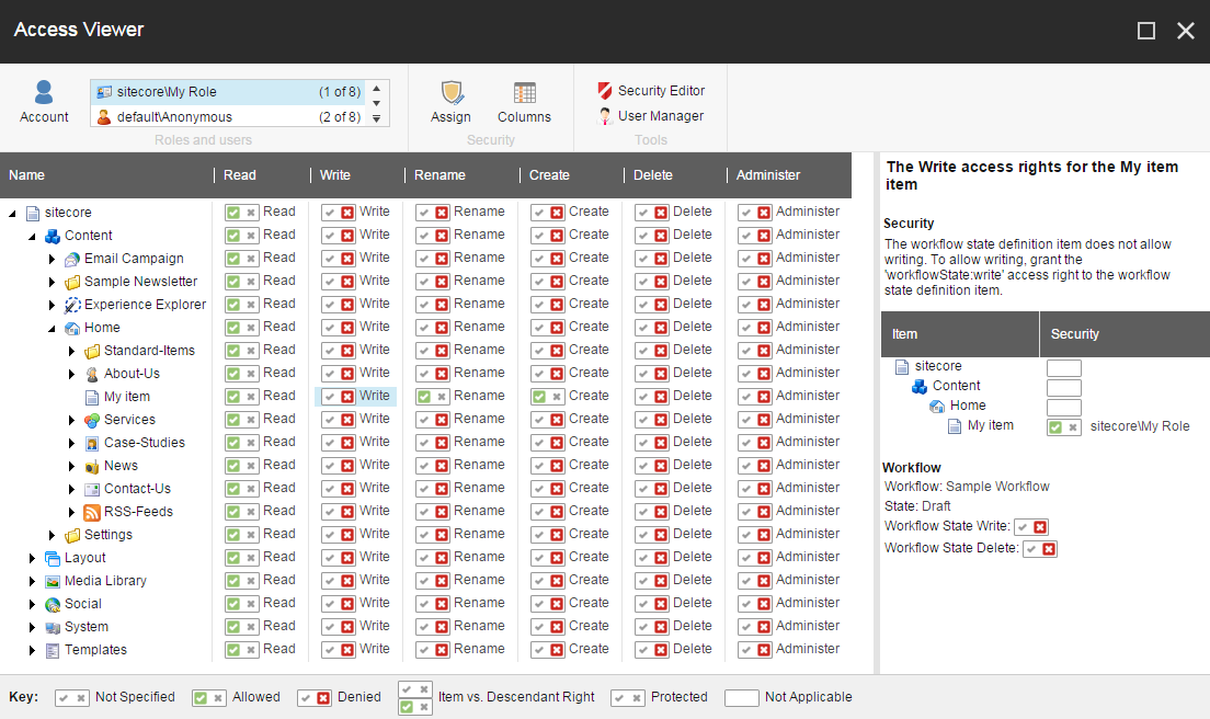 View the access rights of a security account | Sitecore Documentation
