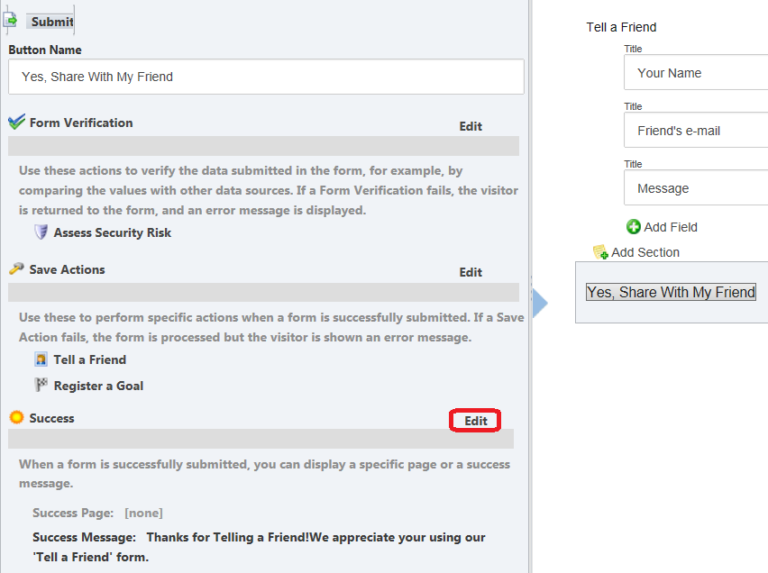 Add a success submit action to a form | Sitecore Documentation